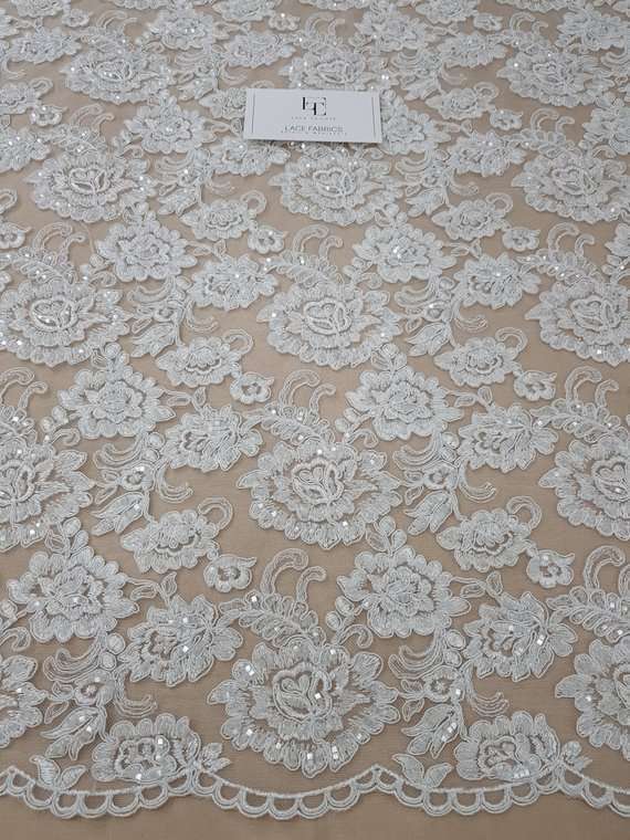 Snow white beaded lace fabric - Lace To Love