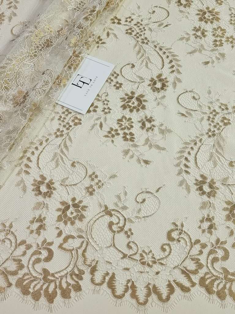Ivory/gold Chantilly lace fabric - Lace To Love
