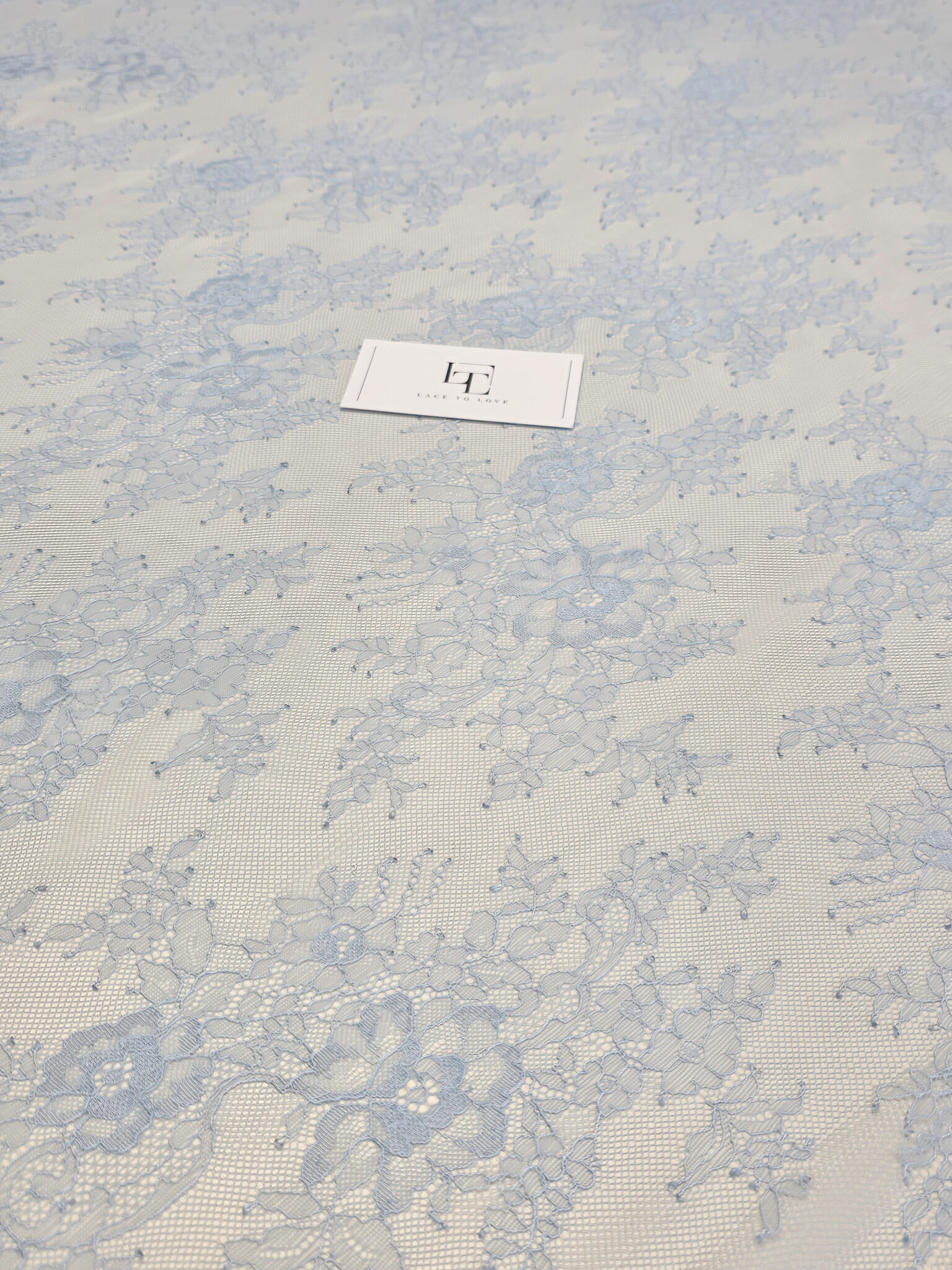Baby blue delicate Chantilly lace fabric - Lace To Love