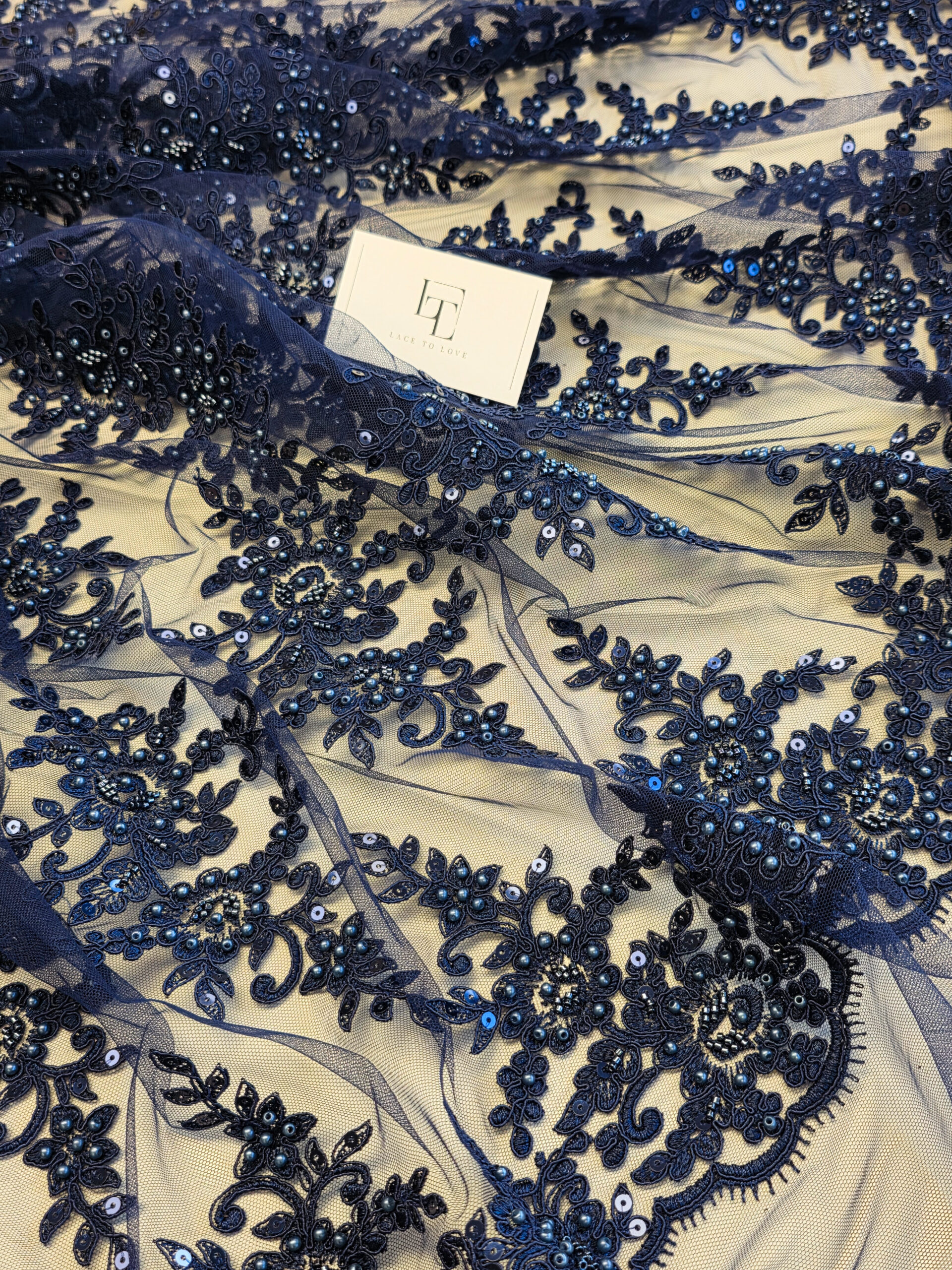 Navy blue beaded lace fabric - Lace To Love